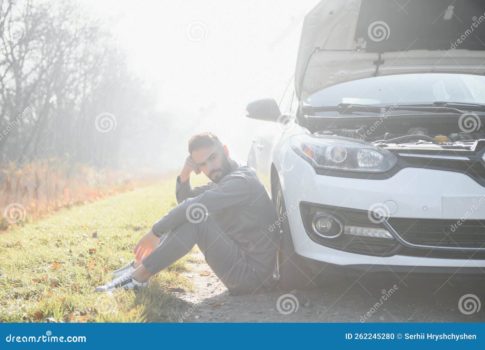 Sad Driver Holding His Head Having Engine Problem Standing Near Broken ...