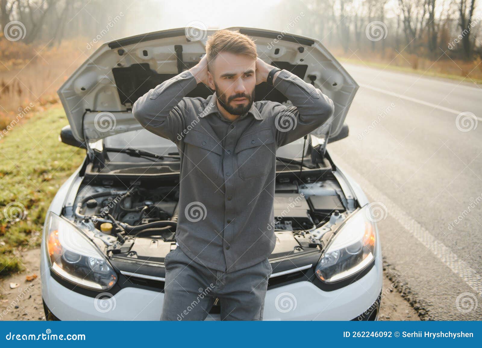 Sad Driver Holding His Head Having Engine Problem Standing Near Broken ...