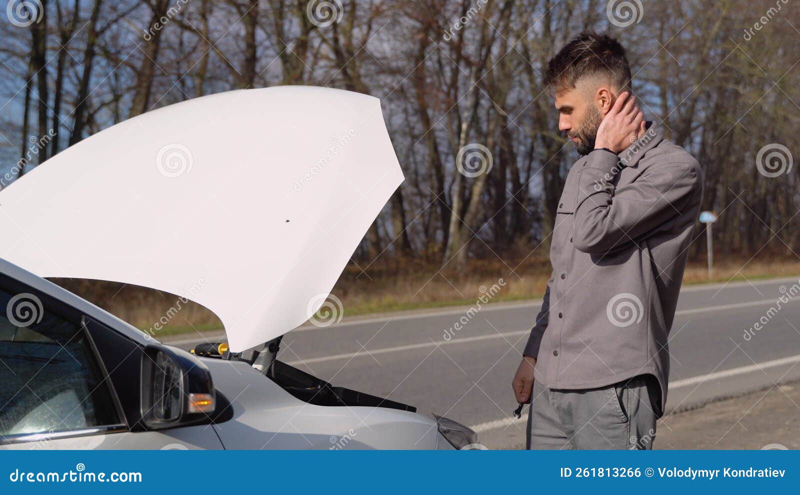 Sad Driver Holding His Head Having Engine Problem Standing Near Broken ...