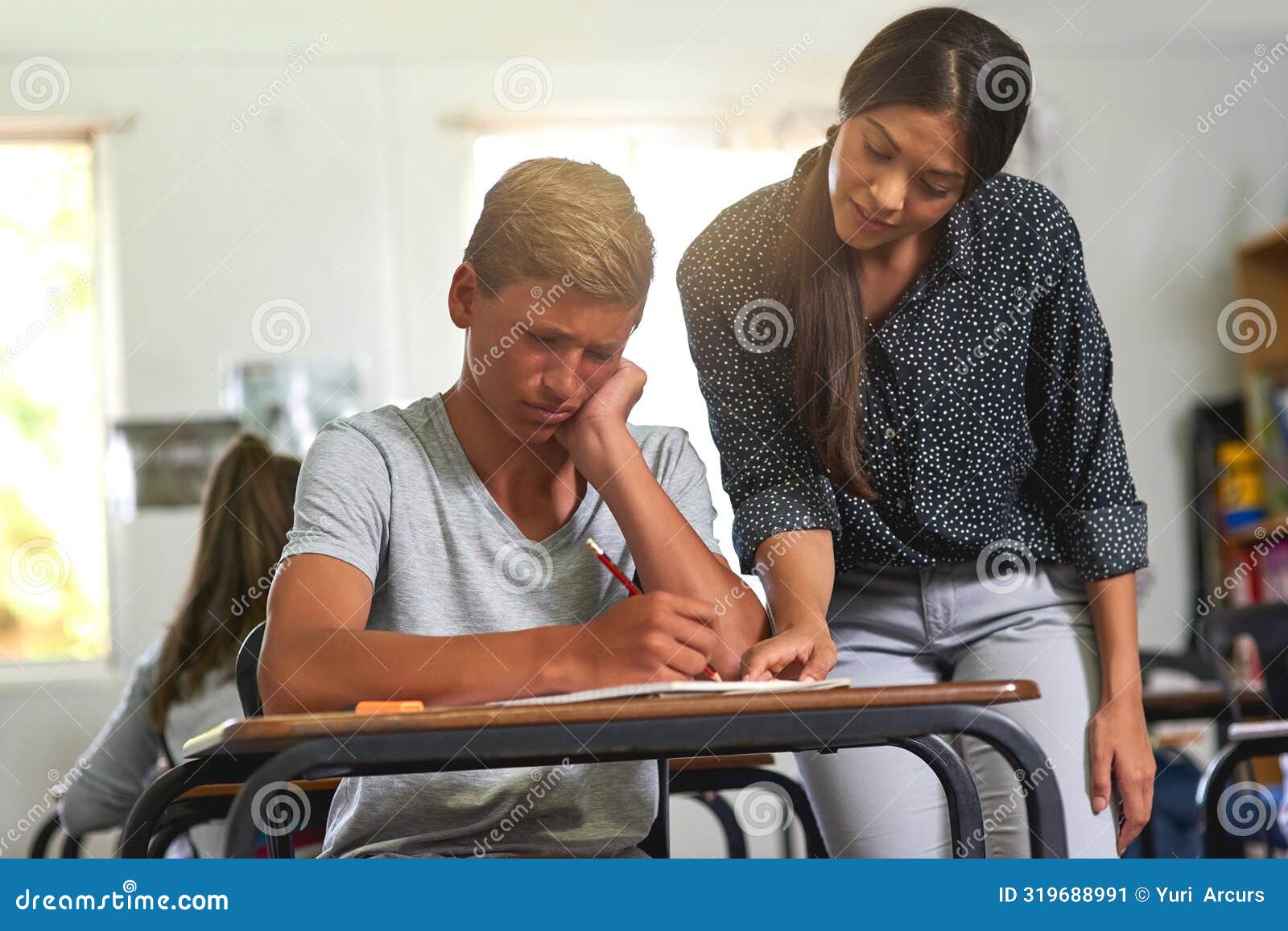 Sad, Education and Teacher Help Student in Classroom for Learning ...