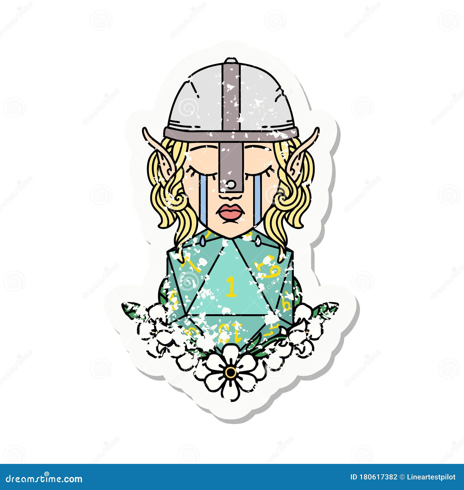 Sad Elf Fighter Character with Natural One D20 Roll Grunge Sticker ...