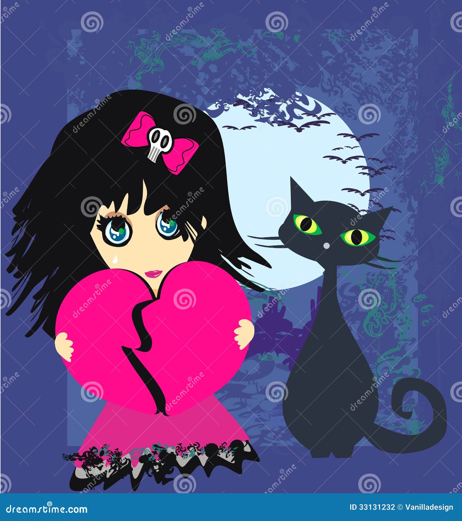 Sad emo girl and her cat. stock illustration. Illustration of girl ...