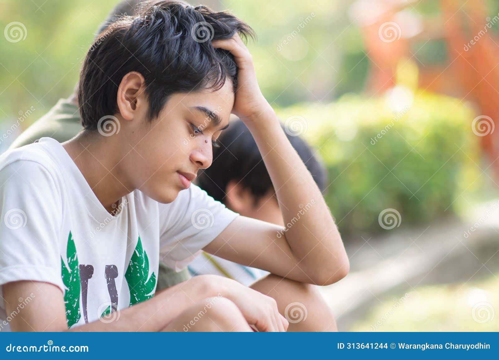 Sad Boy Sitting with Friend Outdoor Stock Photo - Image of woman, child ...