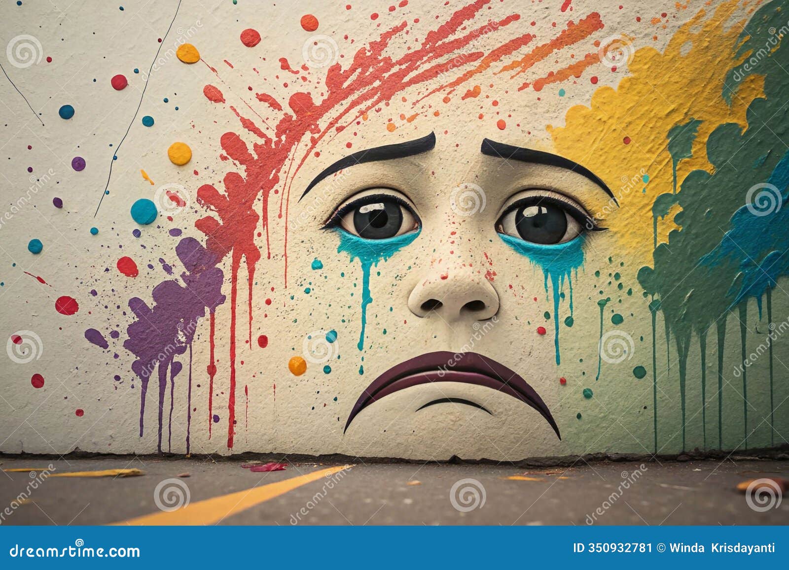 Sad Face Mural with Colorful Paint Splatters Stock Illustration ...