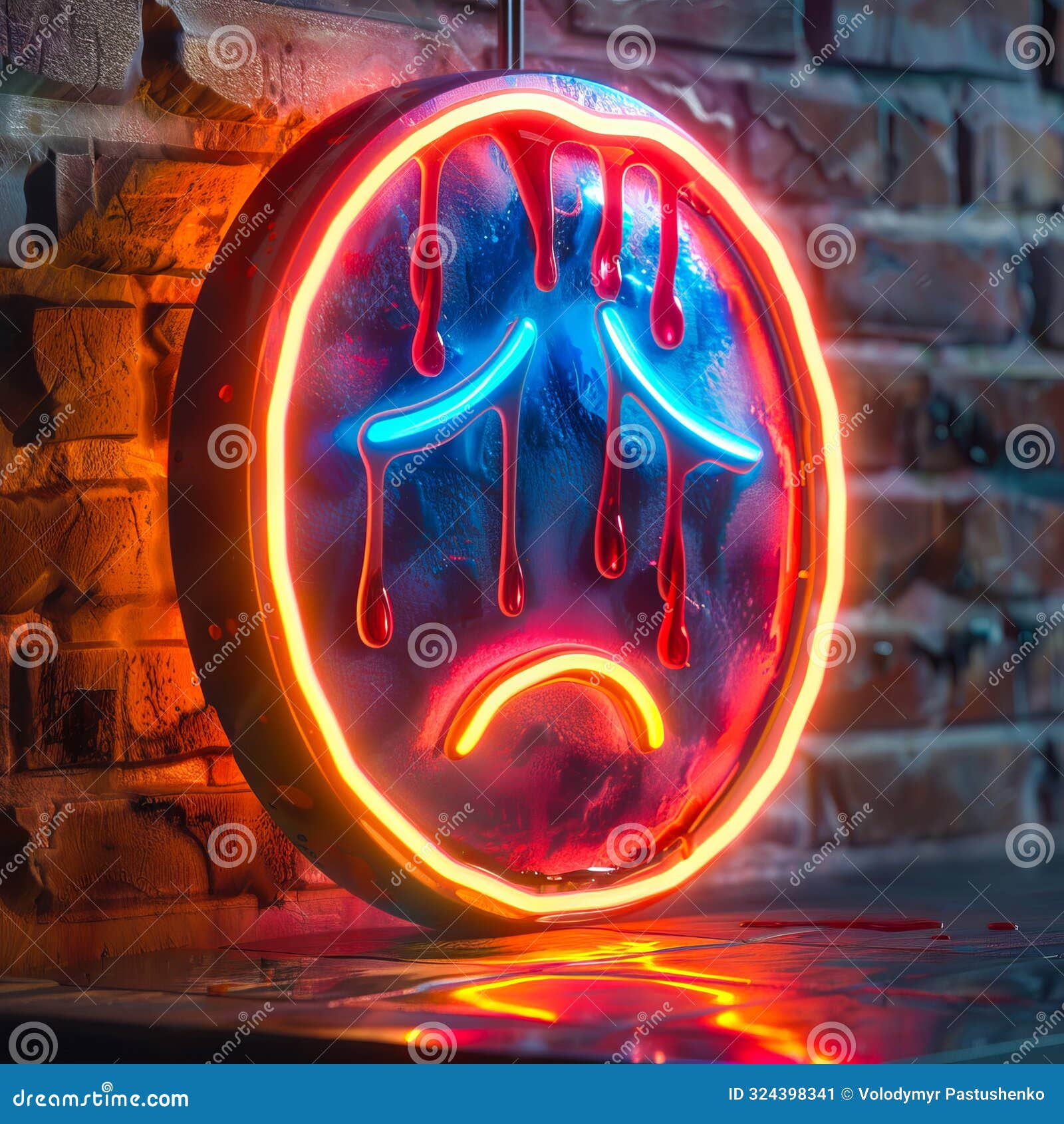 A Sad Face Neon Sign on a Brick Wall Stock Image - Image of blood, wall ...