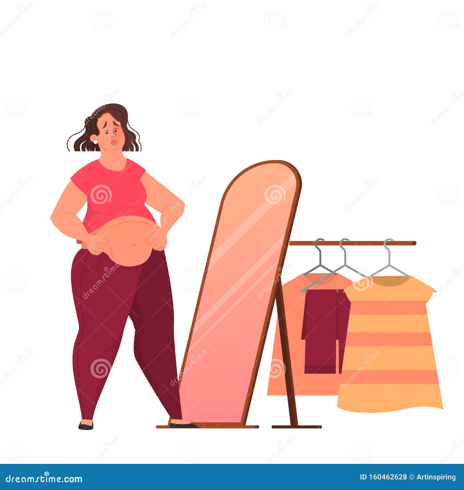 Sad Fat Woman Looking In The Mirror Idea Of Obesity Stock Vector