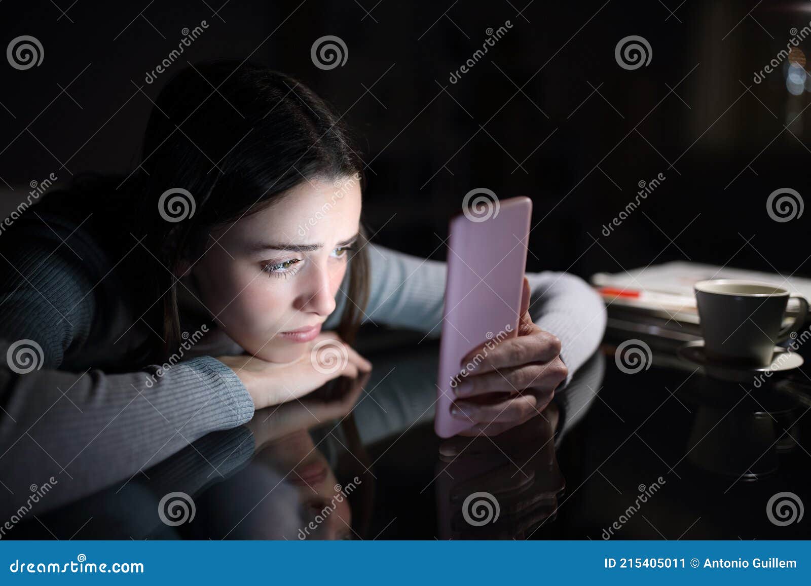 Sad Female Checking Phone Content in the Night at Home Stock Image ...