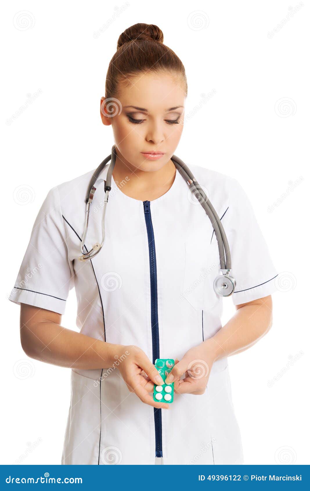 Sad Female Doctor Holding Pills Stock Photo - Image of health, ache ...