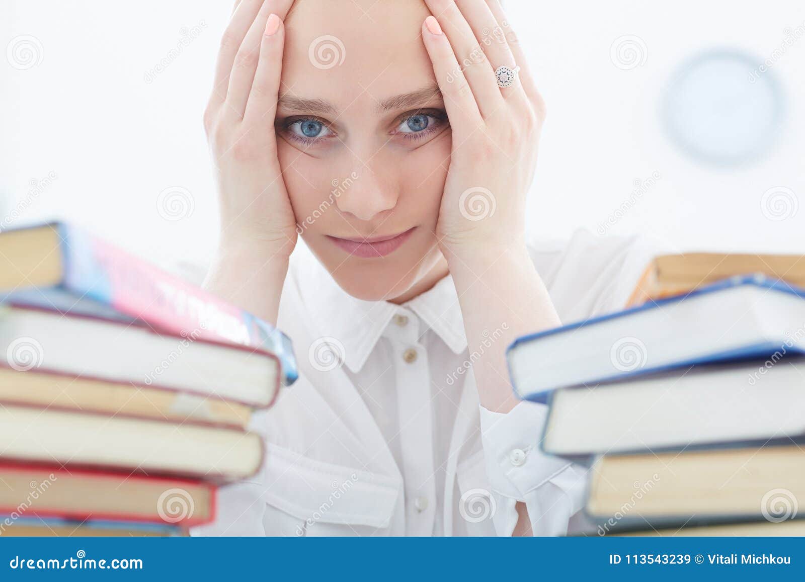 Sad Female Student Working in Library. Stock Image - Image of person ...