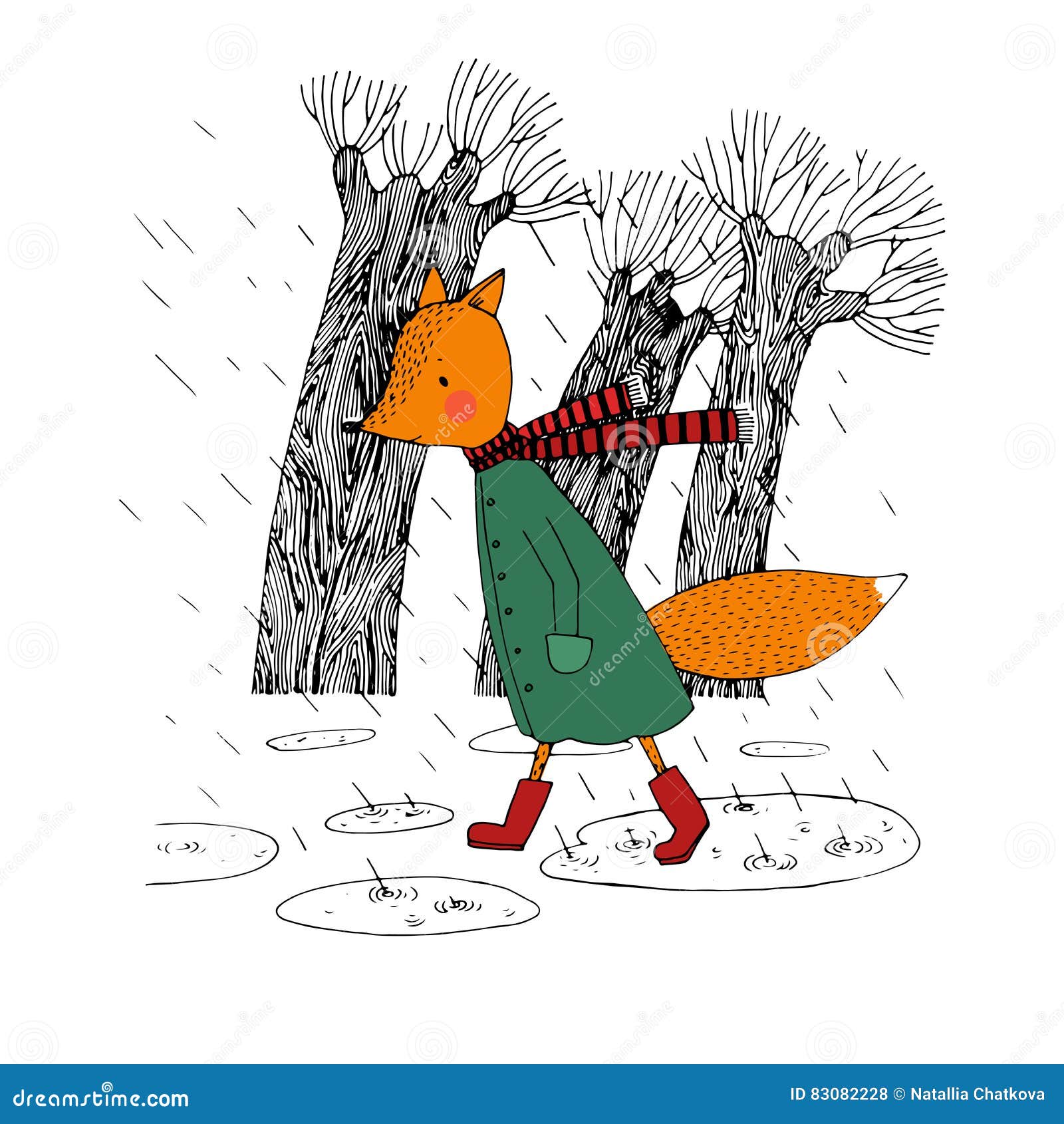 Sad Fox Walking in the Rain. Stock Vector - Illustration of pathway ...
