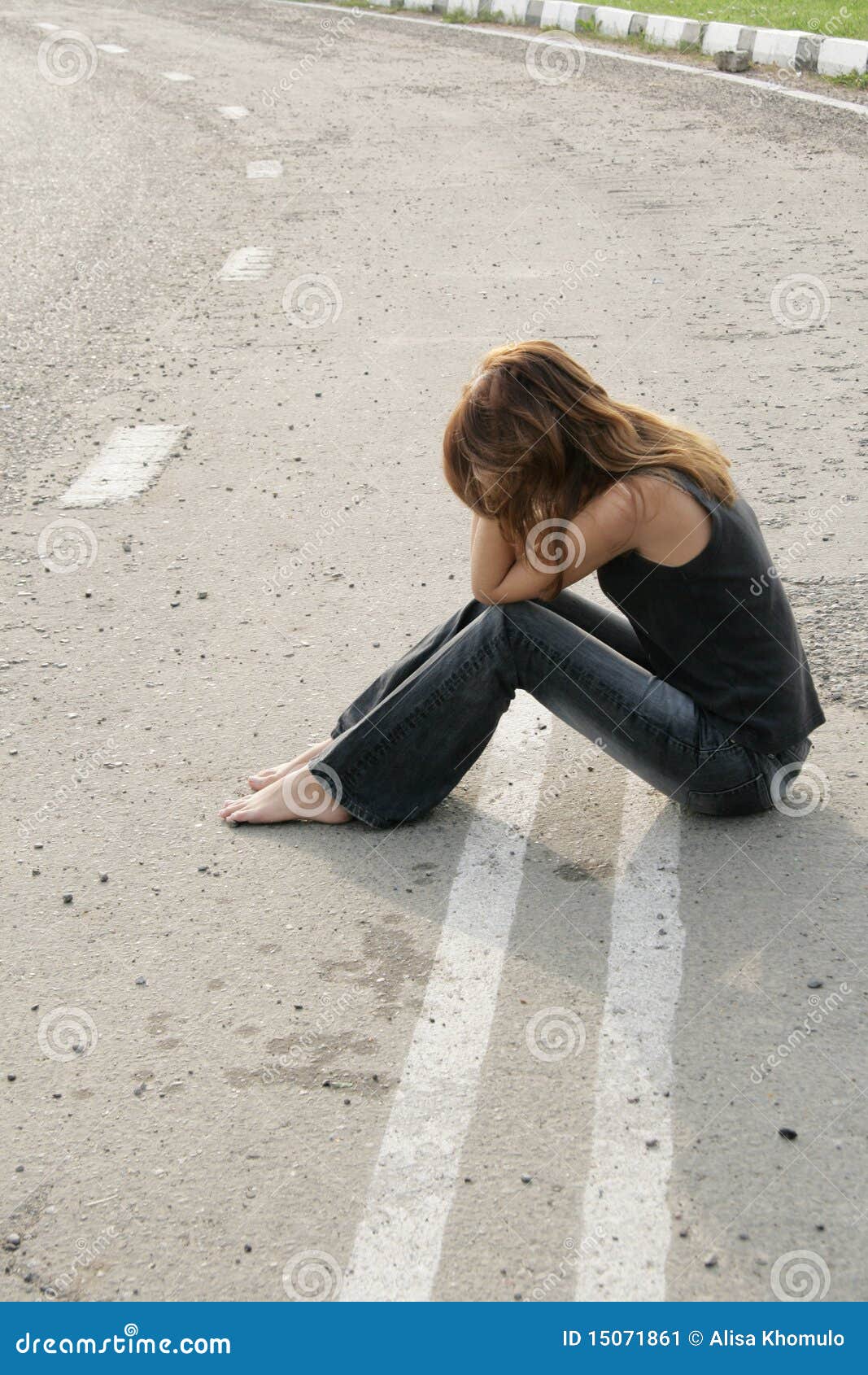 Sad girl on an empty road stock image. Image of drive - 15071861