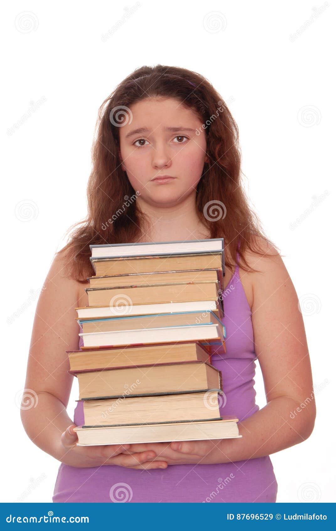 Sad Girl Holds Stack of Books. Stock Image - Image of crying, beauty ...