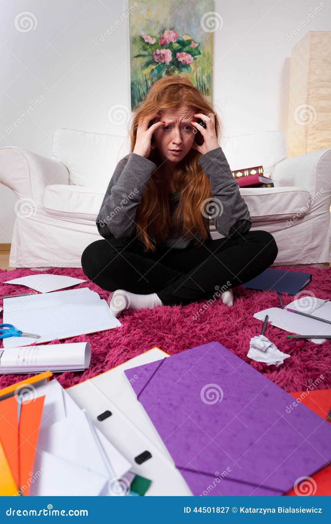 Sad Girl among Notes for Exam Stock Image - Image of learning ...