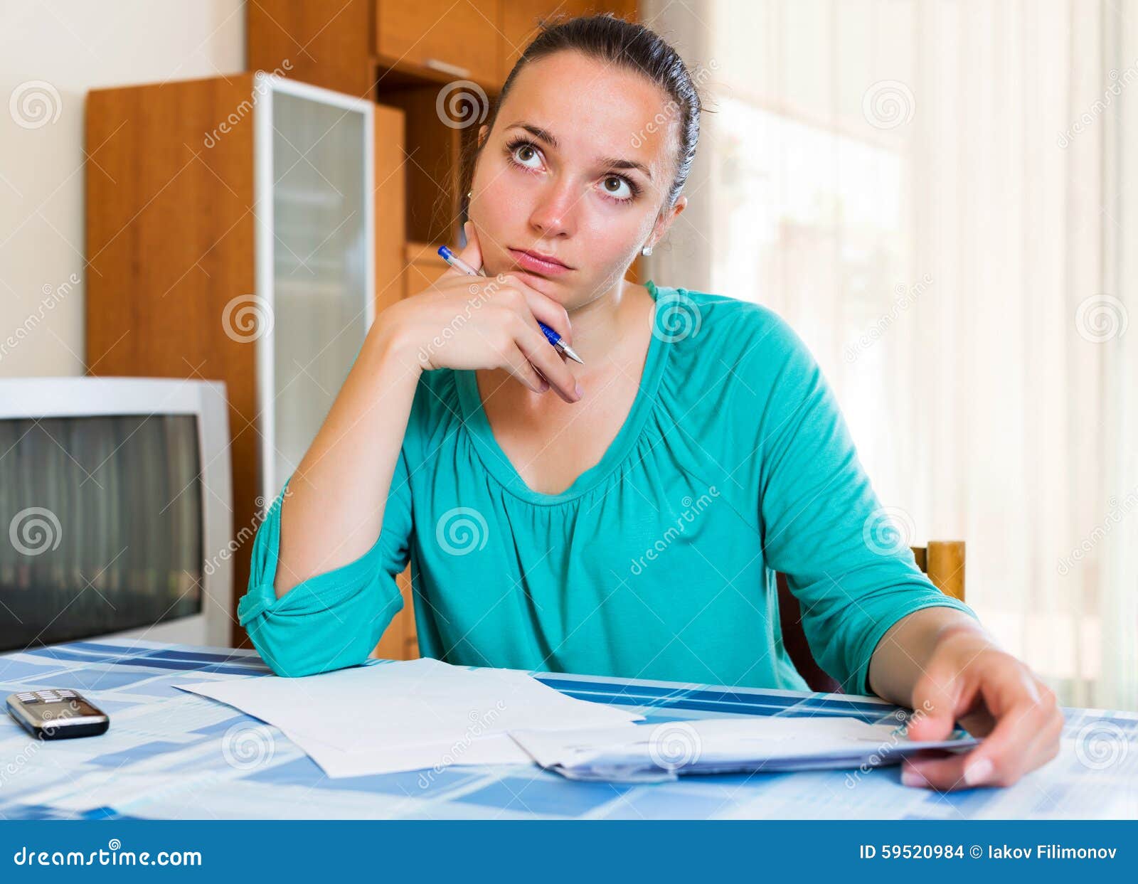 Sad girl with papers stock photo. Image of sitting, calculate - 59520984