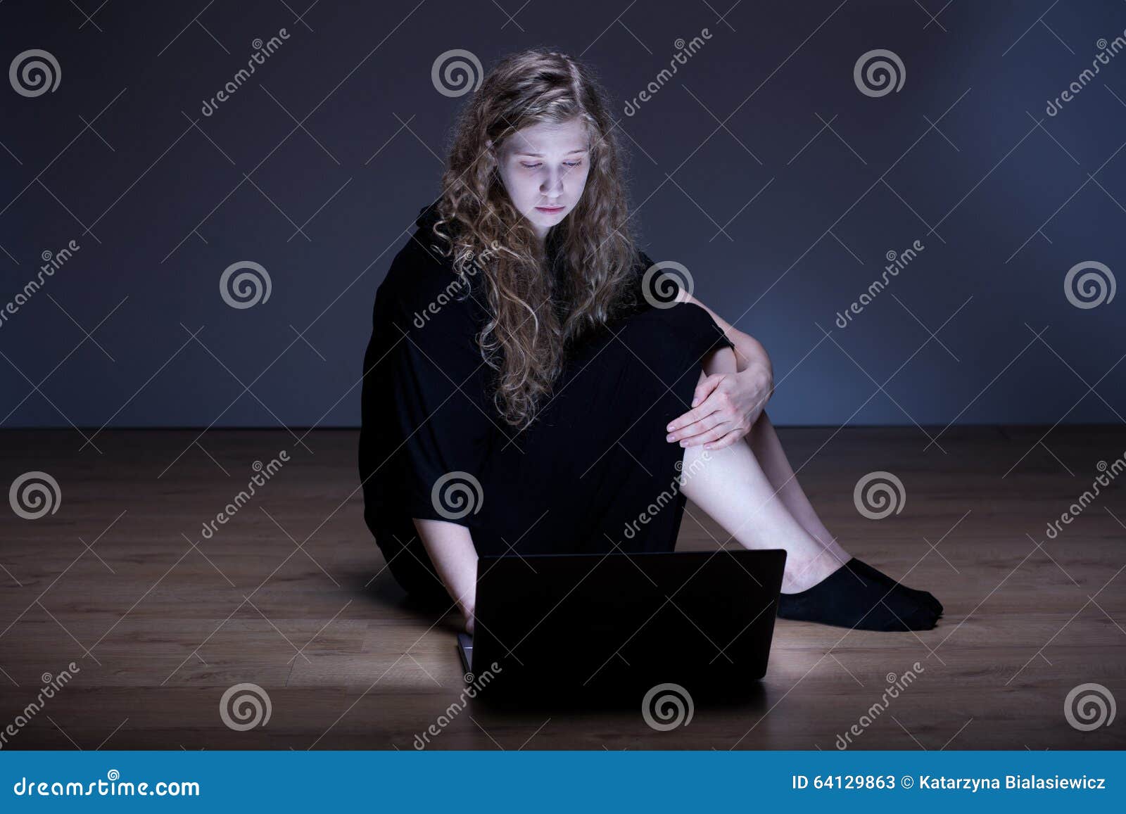Sad Girl Sitting with Laptop Stock Image - Image of communication ...