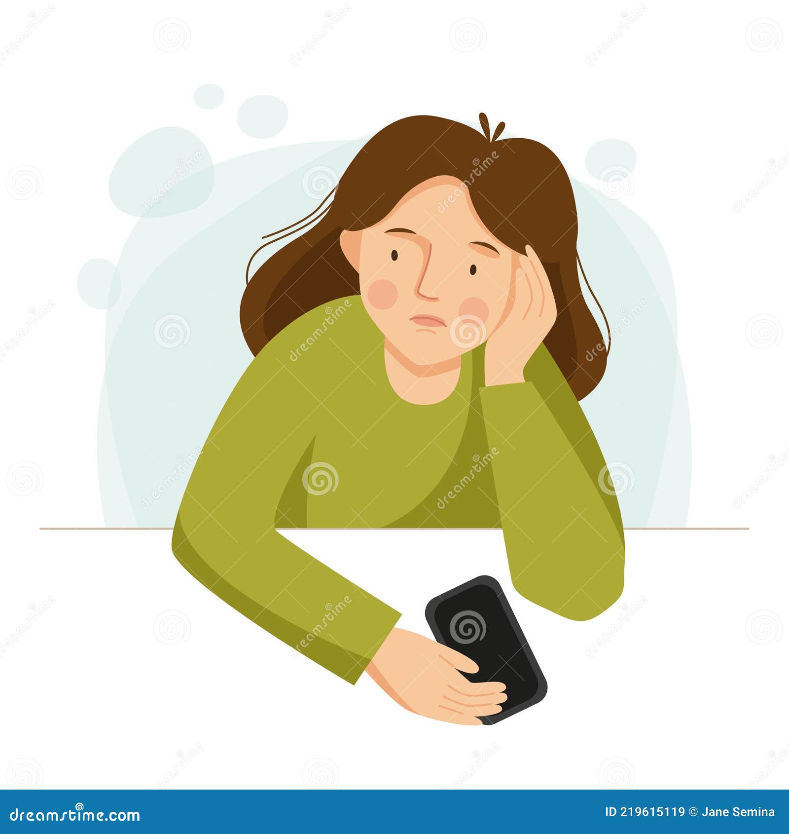 Sad Girl is Sitting with the Phone. the Woman Has Problems Stock Vector ...