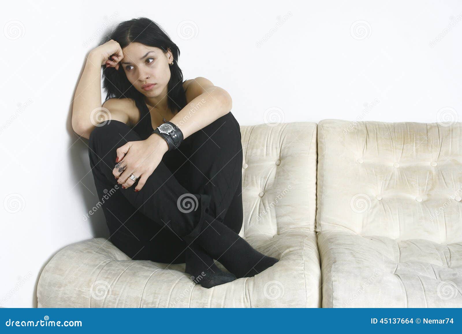 Sad Girl Sitting on the Sofa Stock Photo - Image of stress, caucasian ...