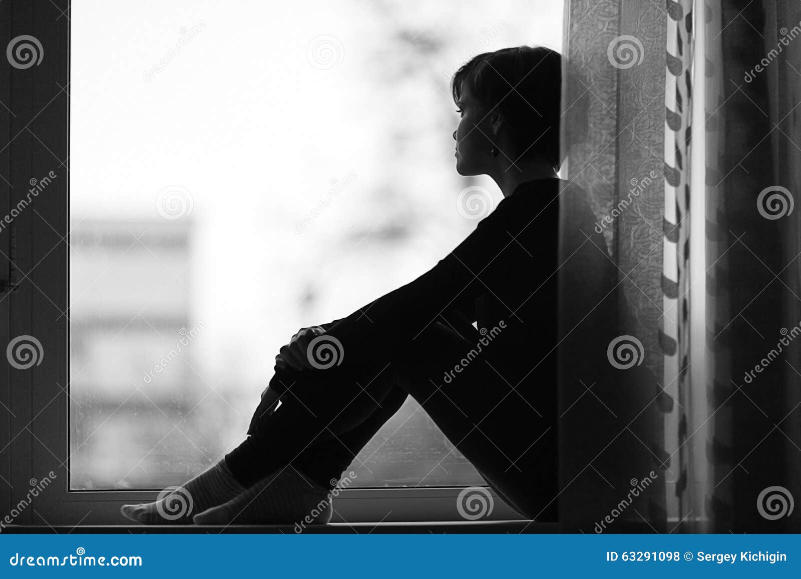 Sad Girl on Windowsill Looking Out the Window Stock Photo - Image of ...