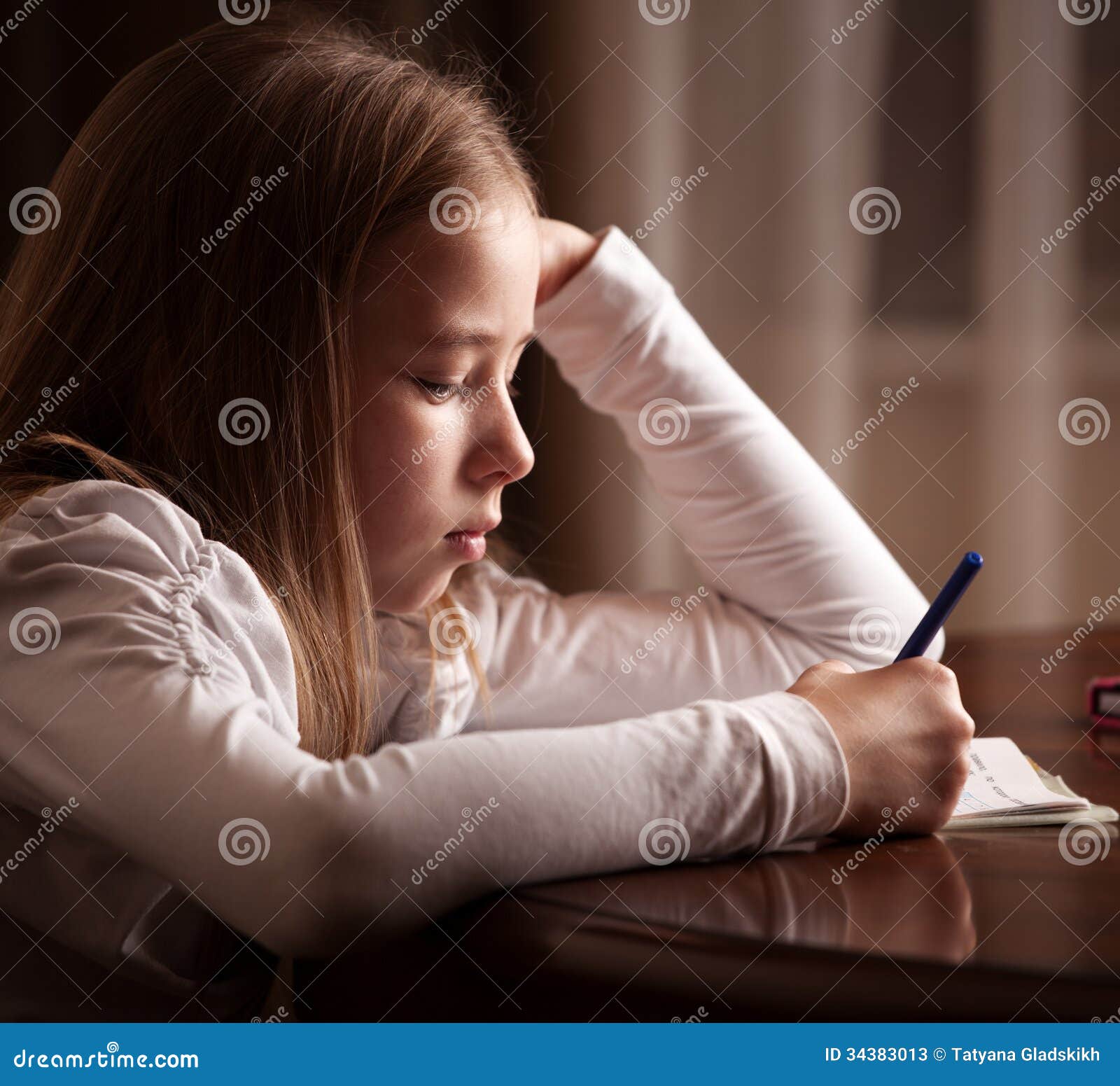 Sad girl writing stock image. Image of home, little, horizontal - 34383013