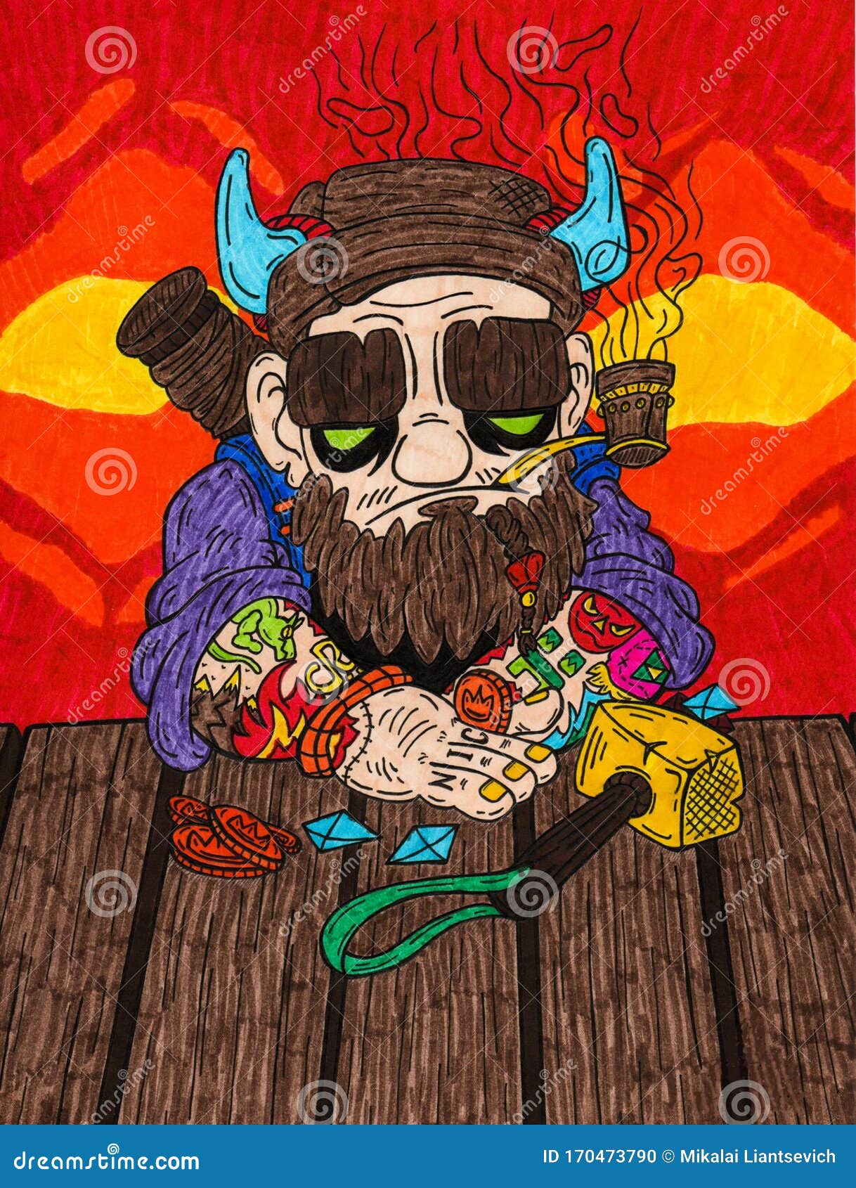 Sad gnome sits at a table stock illustration. Illustration of sitting ...