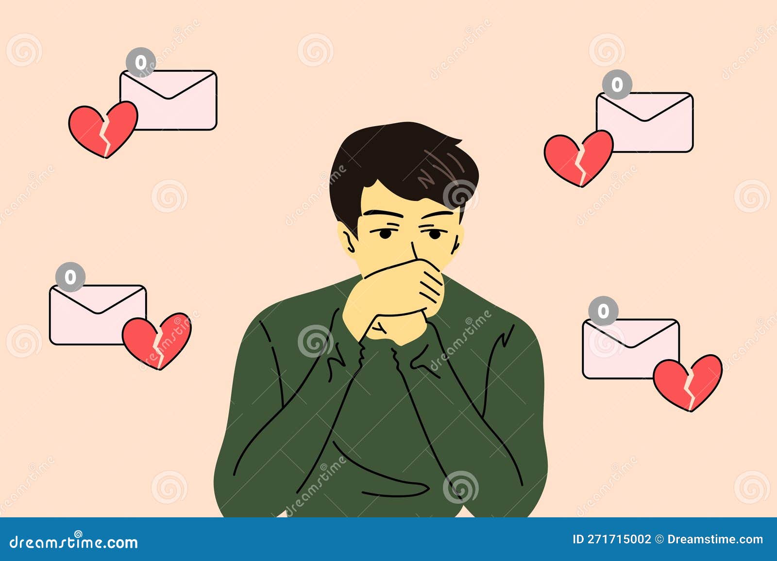 Sad Guy Surrounded of a Broken Hearts. Man Does Not Receive a Message ...