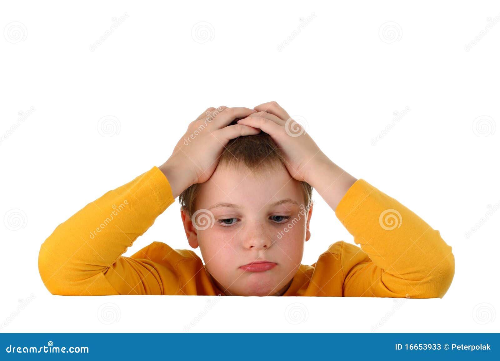 Sad Hopeless Boy Holding Head with Hands on White Stock Image - Image ...