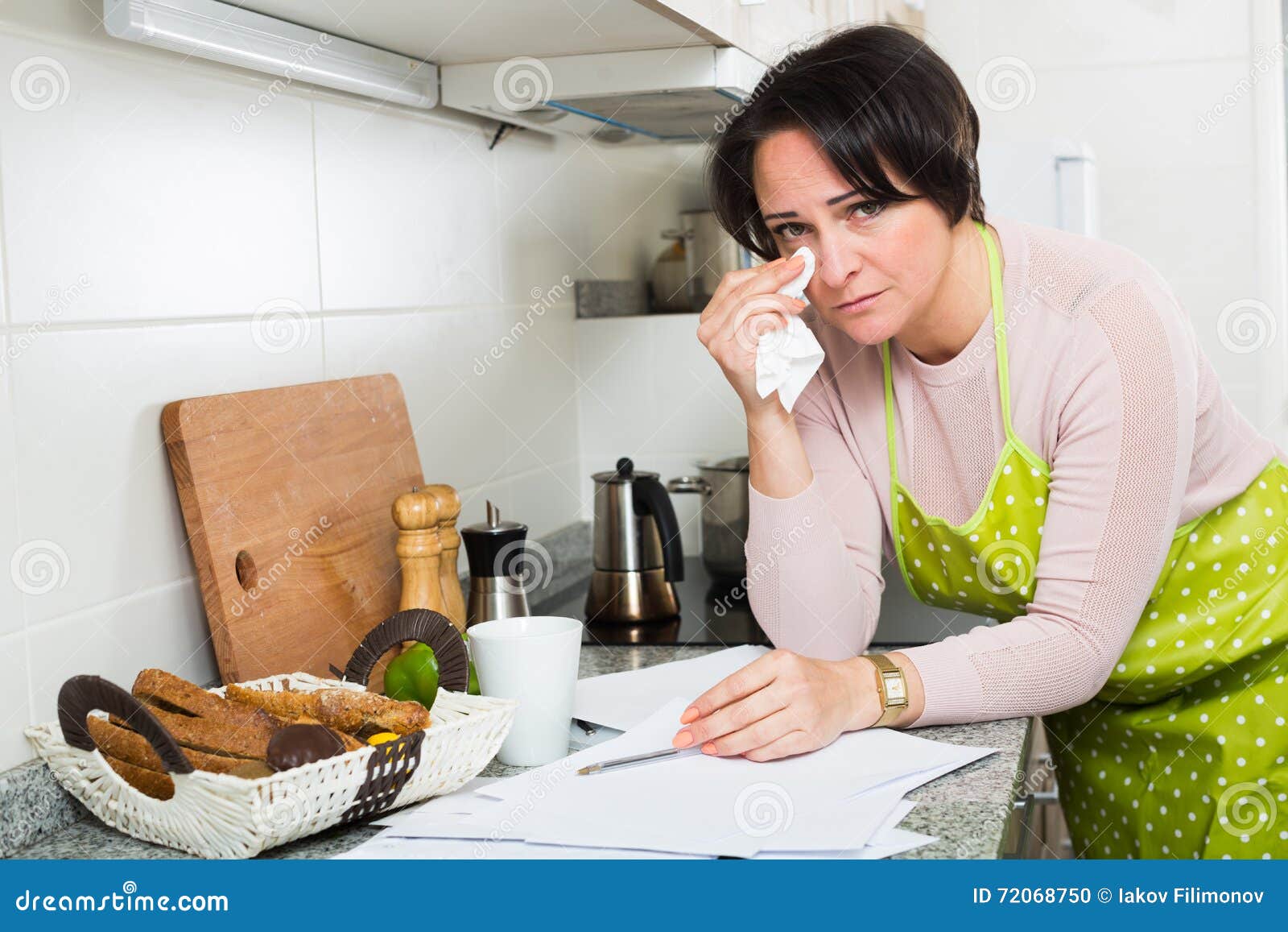 Sad Housewife Reading Bills and Crying Stock Photo - Image of european ...