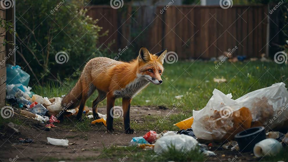 Sad and Hungry Fox is Looking for Food in Garbage at Backyard Stock ...