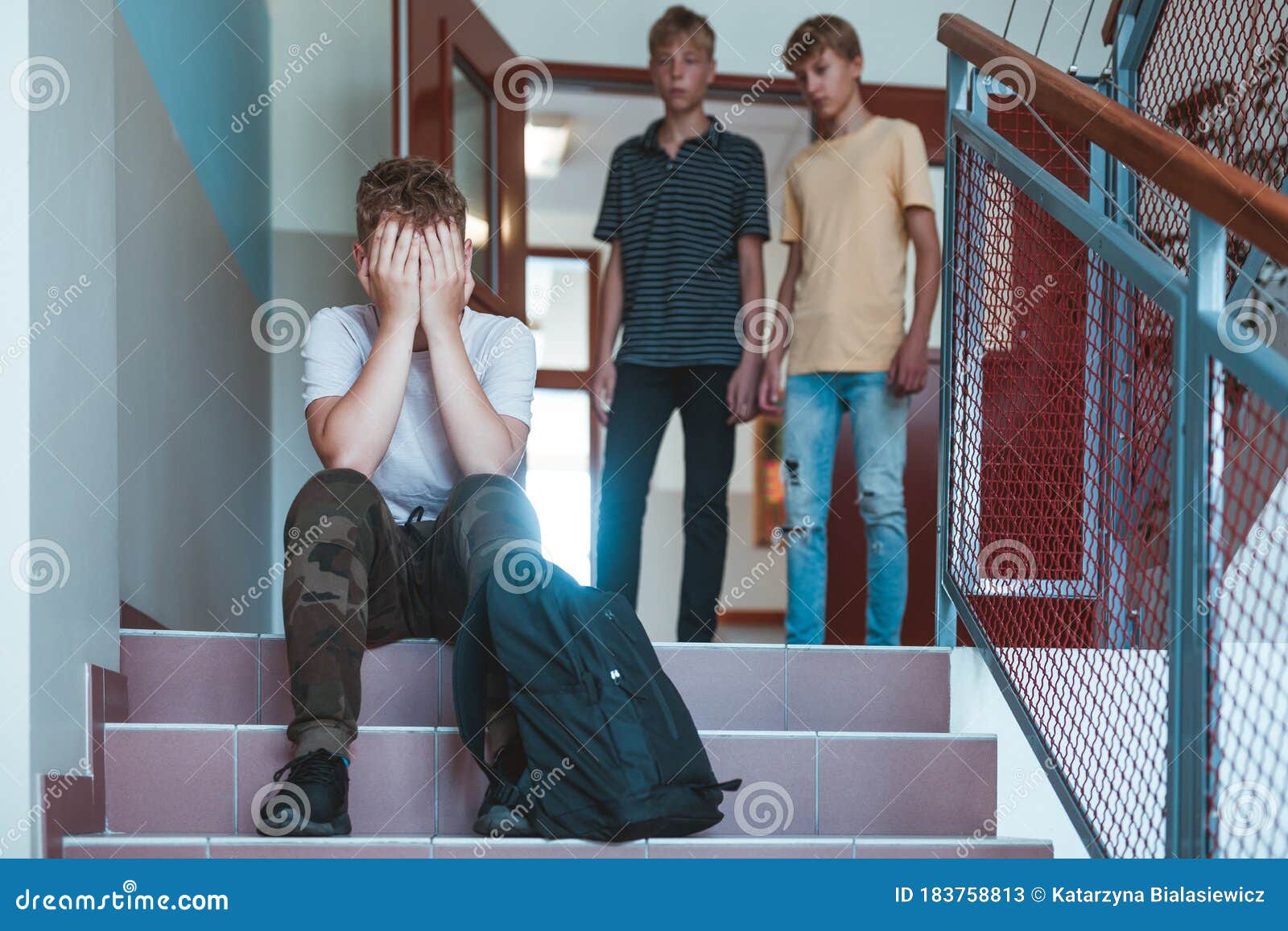 Sad Kid with Backpack Sitting on Stairs at School Stock Image - Image ...
