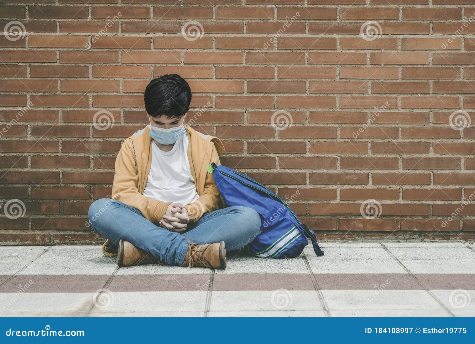 Sad Kid with Medical Mask and Backpack Stock Image - Image of ...