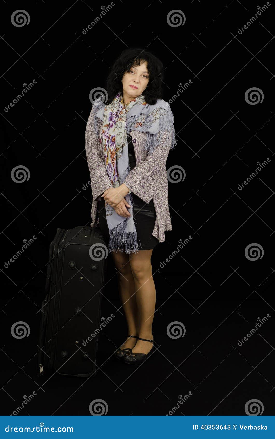 Sad Lady Standing with Black Suitcase Stock Image - Image of alone ...