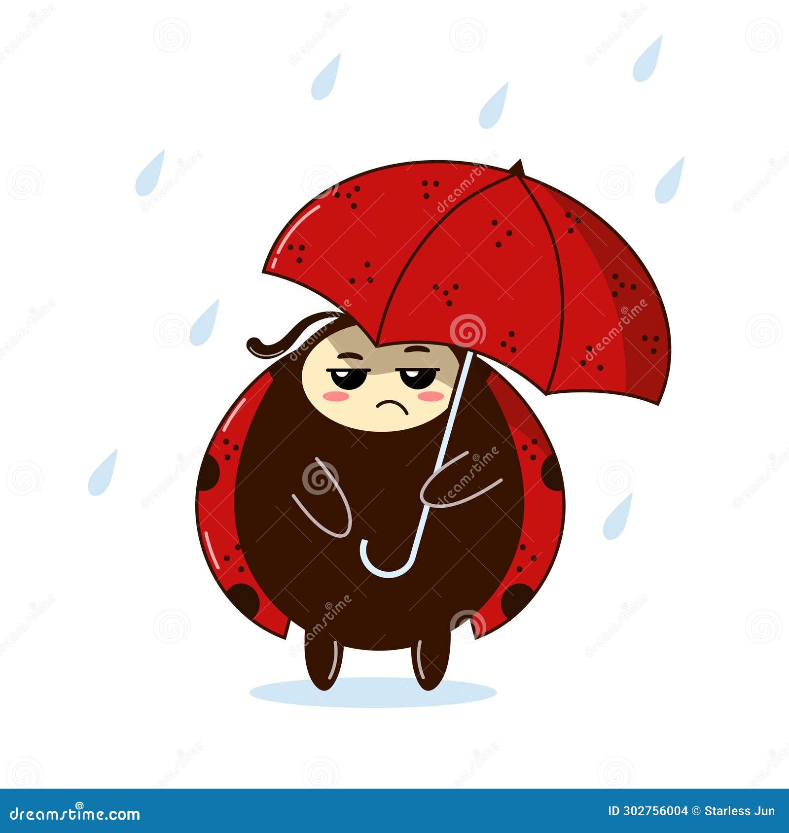 Sad Ladybug with Umbrella in the Rain. Drawn in Cartoon Style Stock ...