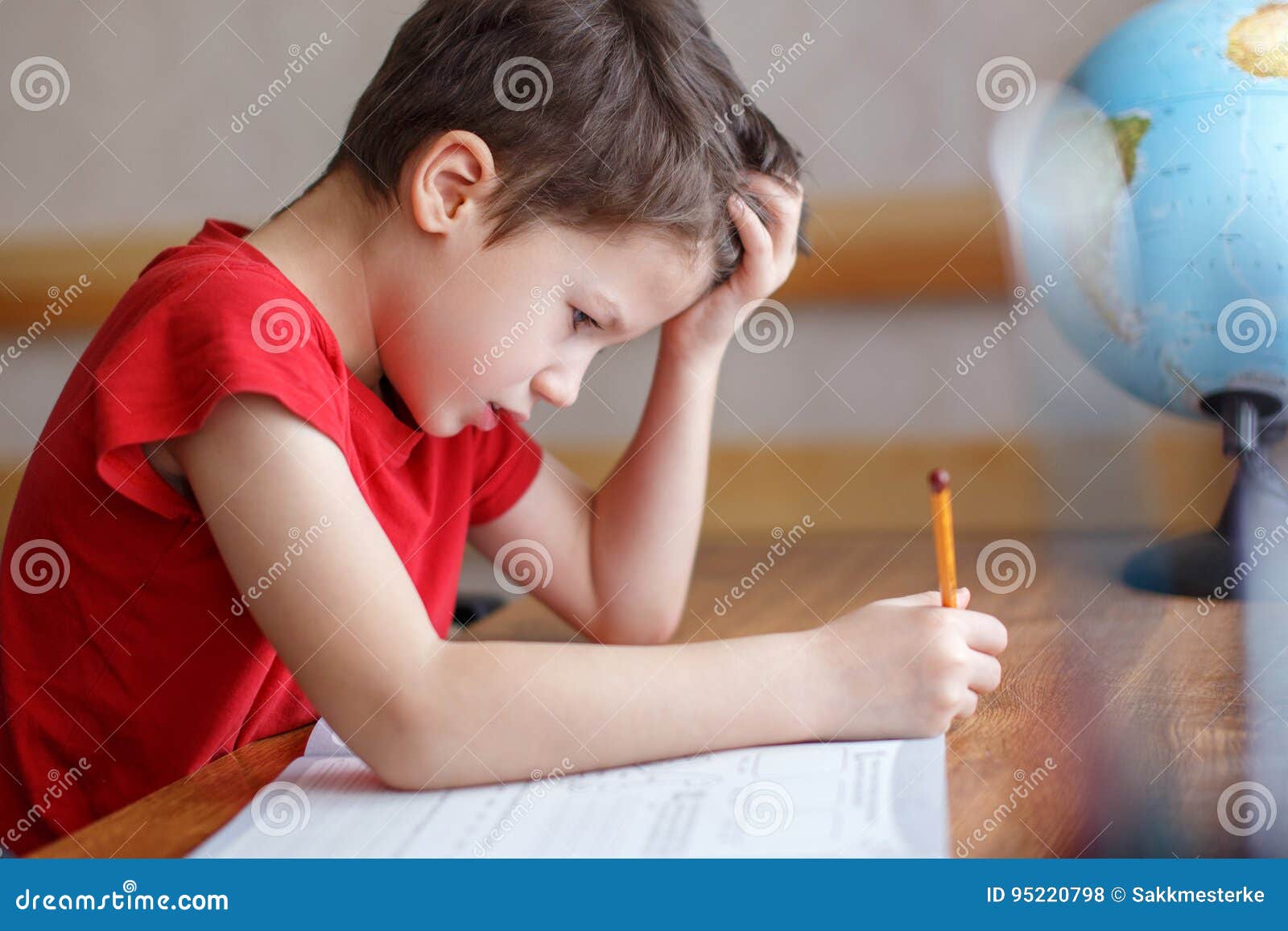 Sad Little Boy Depressed while Doing Homework Stock Photo - Image of ...