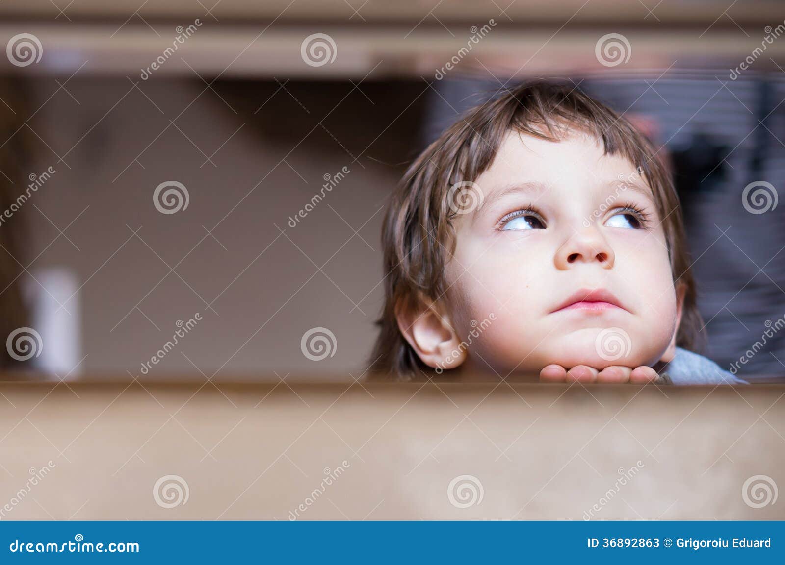 Sad Little Boy Thinking Looking Up Stock Image - Image of childhood ...
