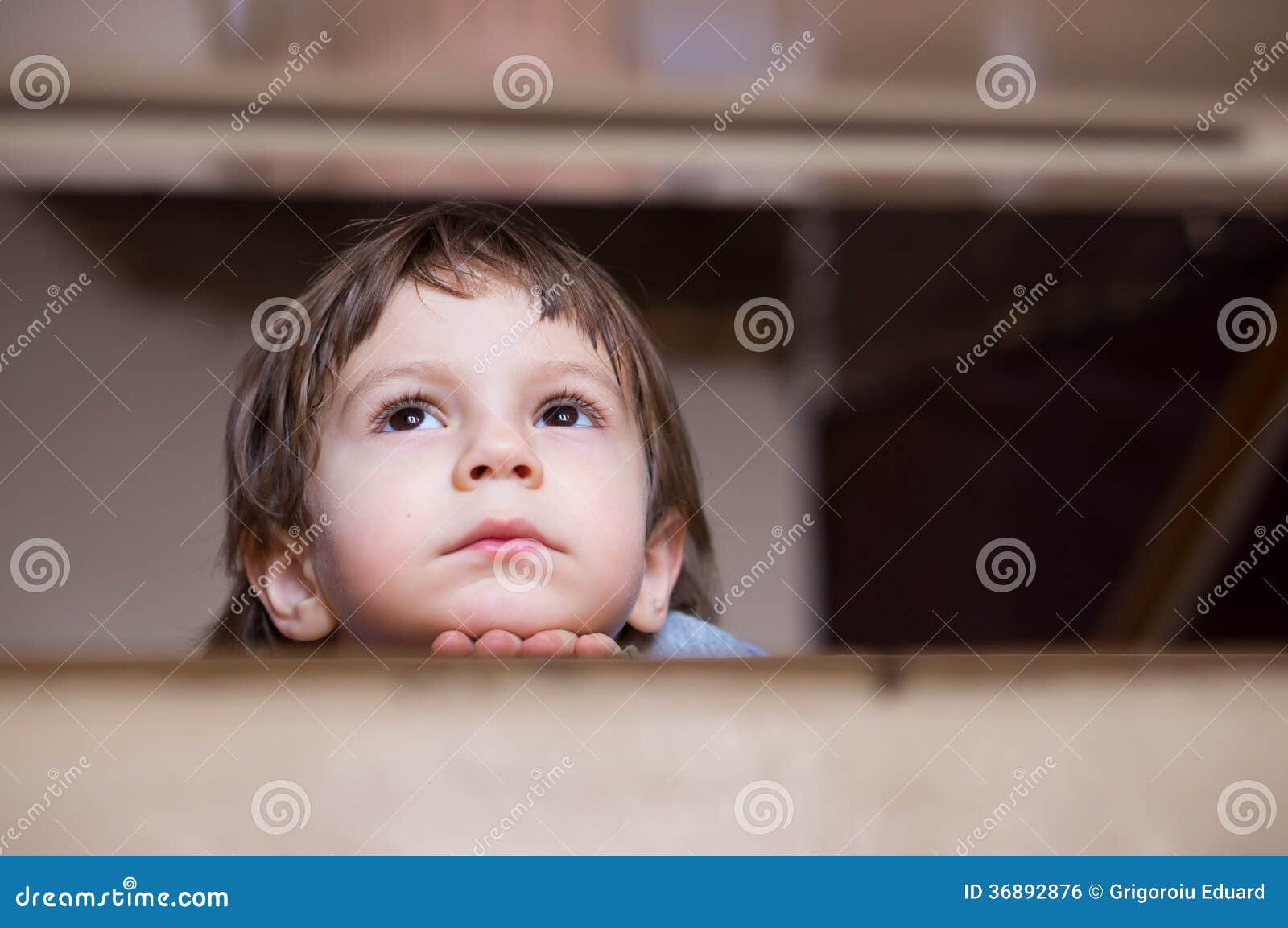 Sad Little Boy Thinking Looking Up Stock Photo - Image of worried ...
