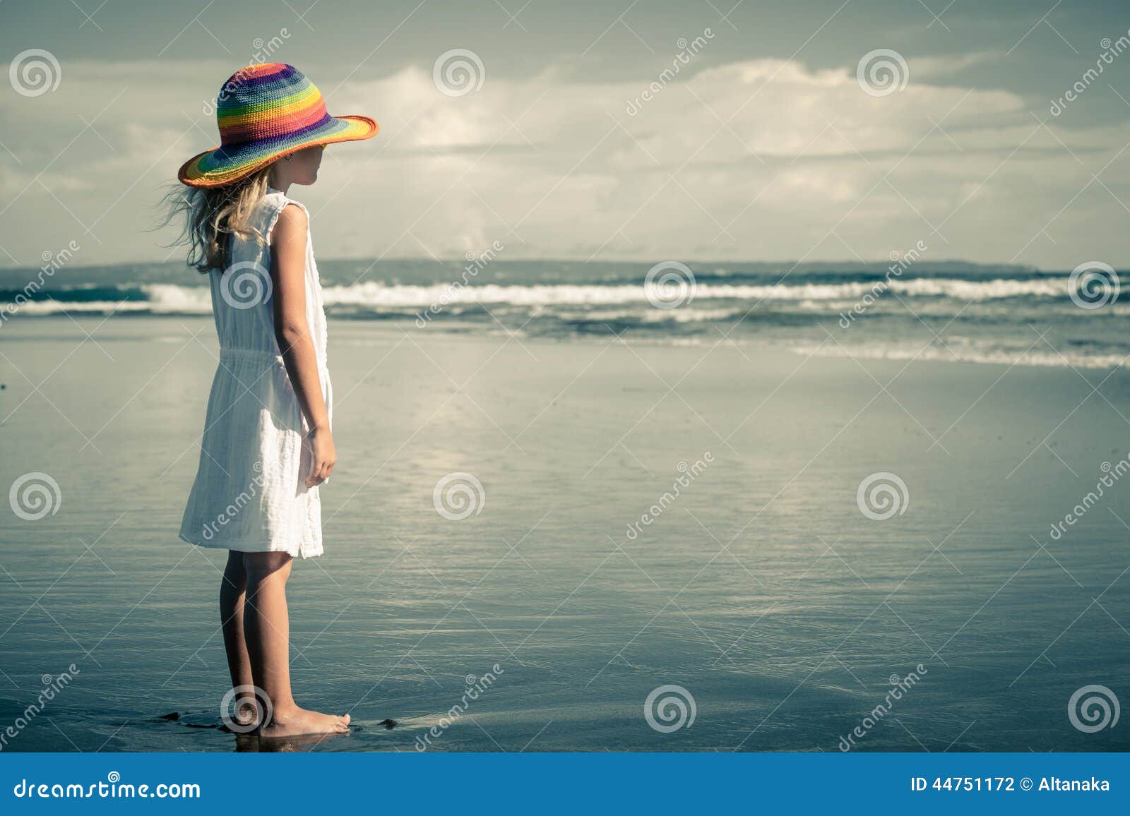 Sad Little Girl Standing at the Beach Stock Photo - Image of adventure ...
