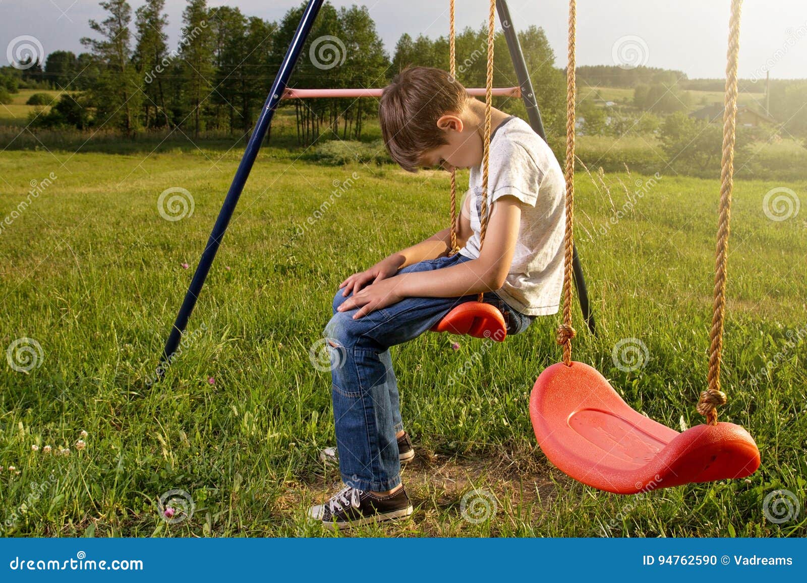 Sad Lonely Boy Sitting on Swing Stock Photo - Image of mood, caucasian ...
