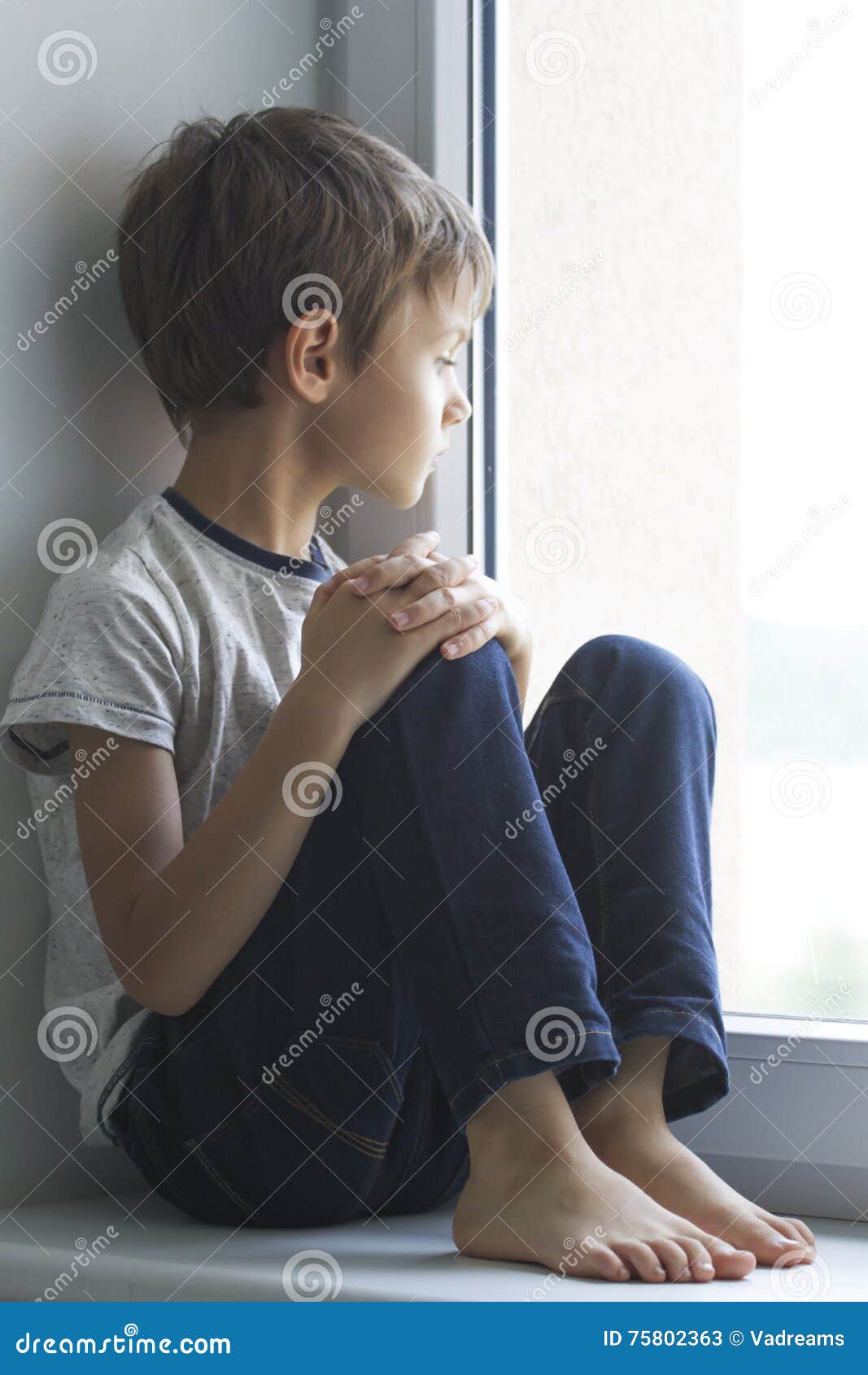 Sad Lonely Child Sitting Alone on the Window at Home Stock Image ...