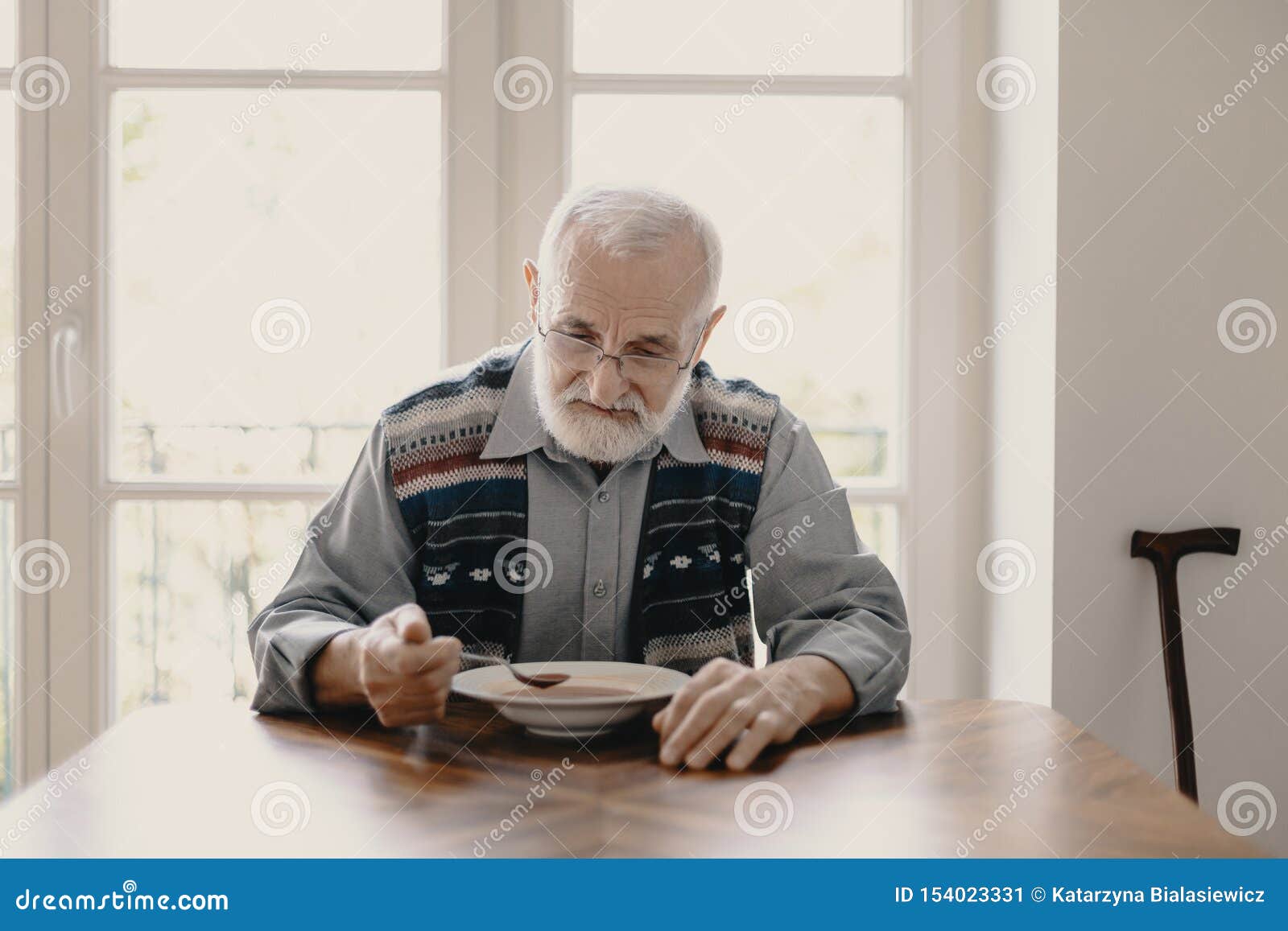 Sad Lonely Senior Man Eating Soup in Empty Apartment Stock Image ...