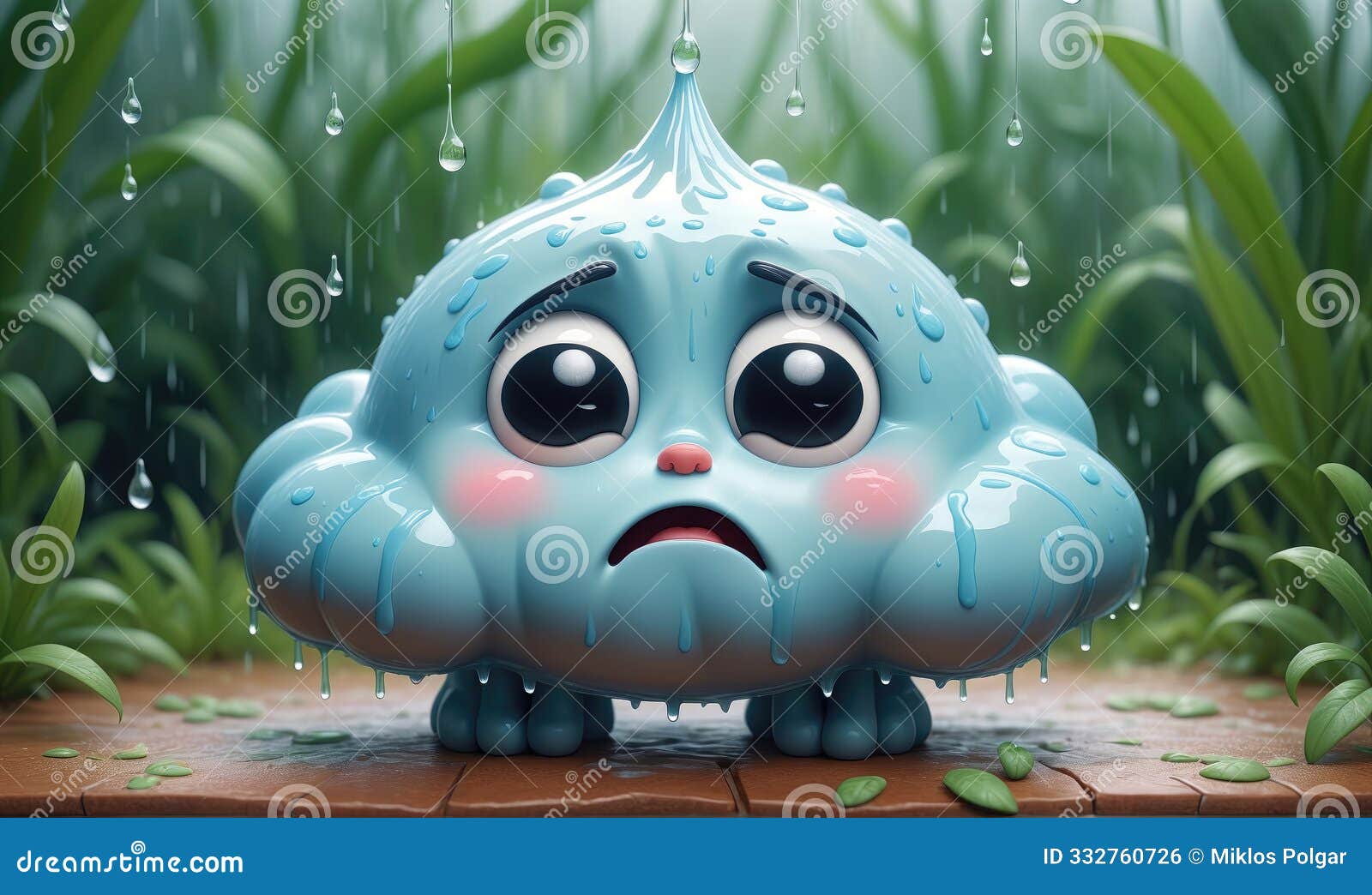 A Sad-looking Blue Rain Cloud Stands in the Rain with Large, Teary Eyes ...
