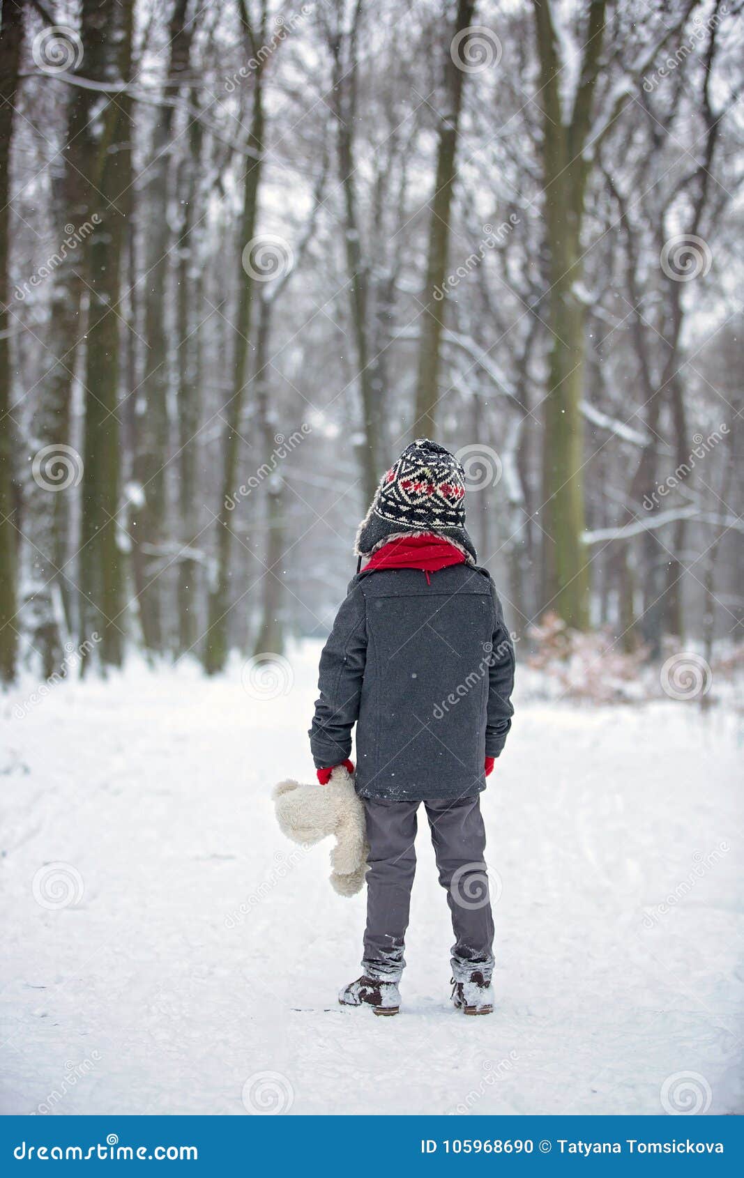 Sad Lost Child, Boy in a Forest with Teddy Bear, Wintertime Stock Photo ...