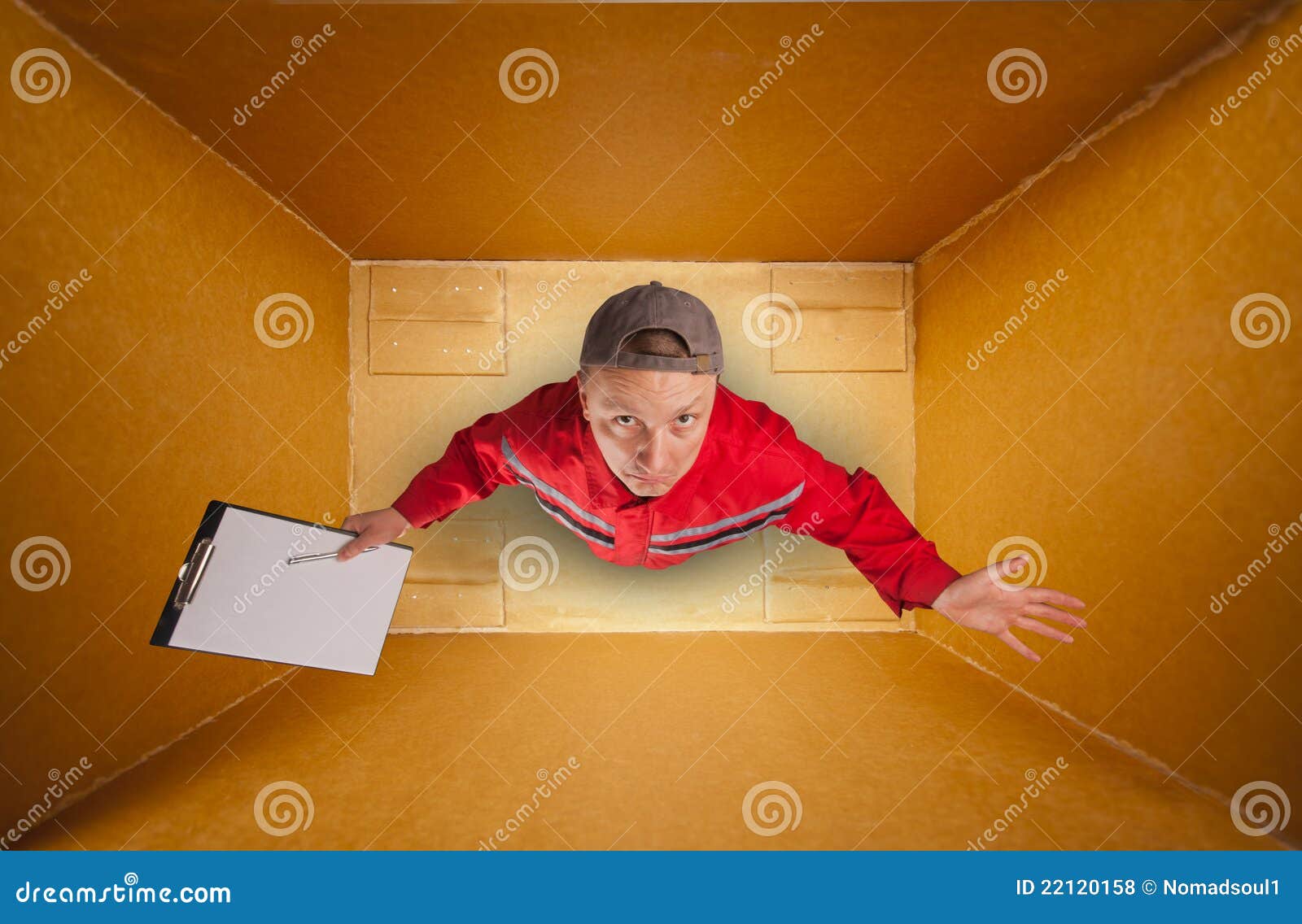 Sad Mail Courier Inside Empty Box Stock Photo - Image of express ...