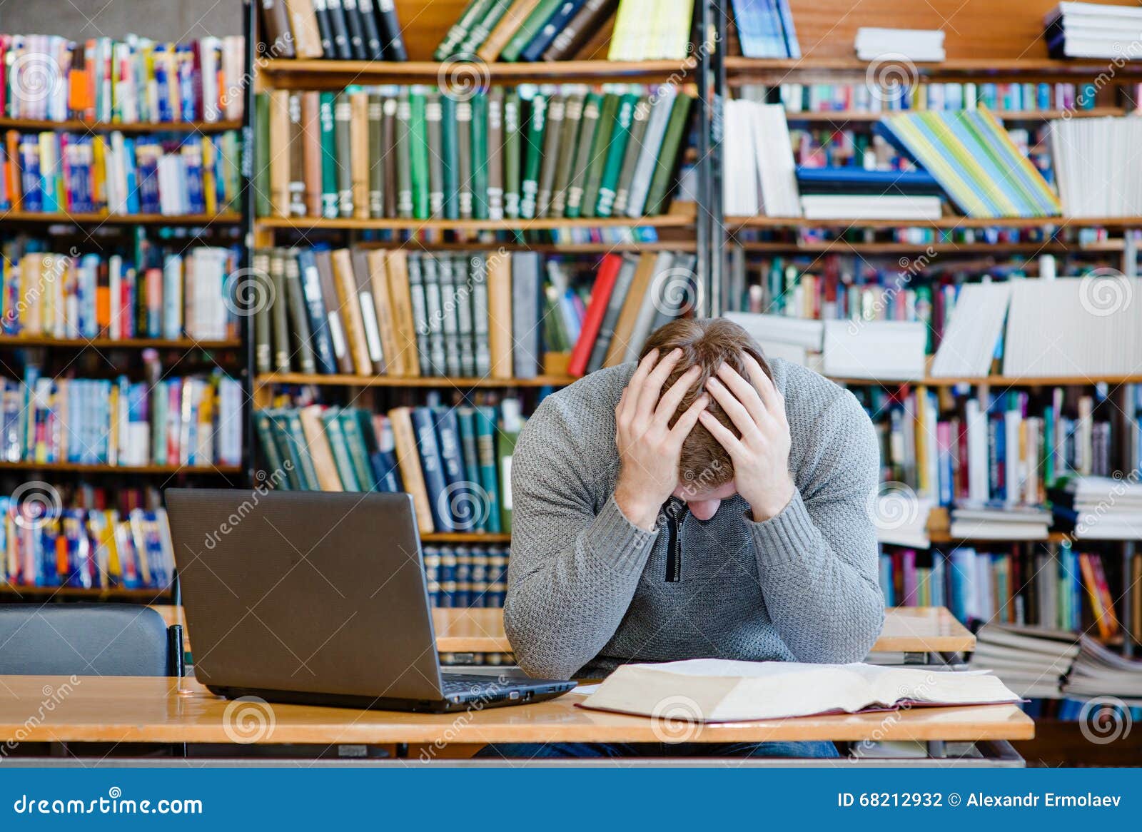 Sad Male Student in the University Library Stock Photo - Image of ...
