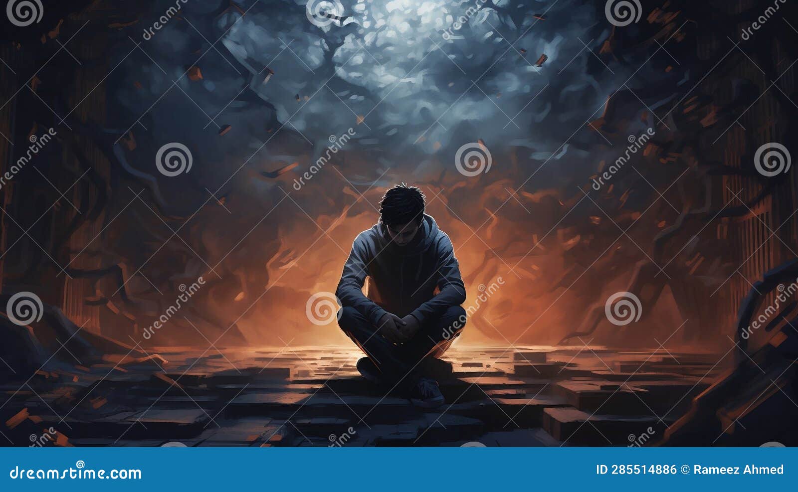 A Sad Man Alone in Darkness, Sitting and Thinking with Lighting on ...