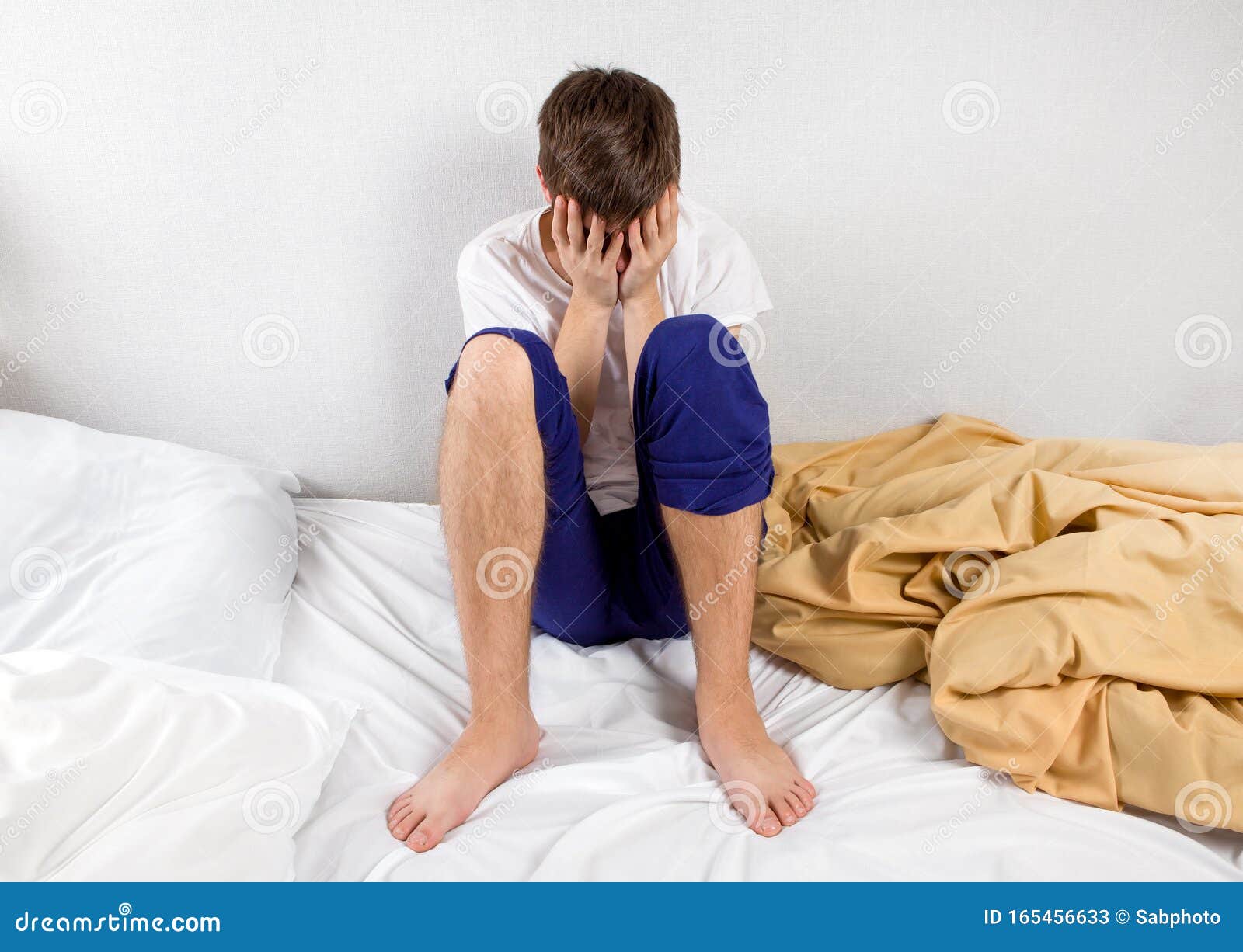Sad Man in the Bed stock image. Image of sorrow, blanket - 165456633