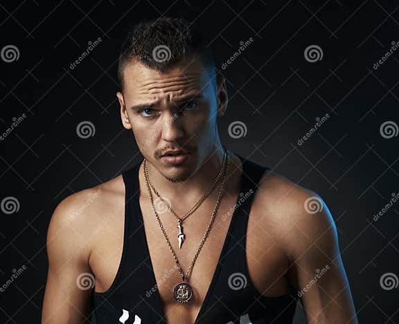 Sad Man on Black Background Stock Image - Image of muscle, necklace ...