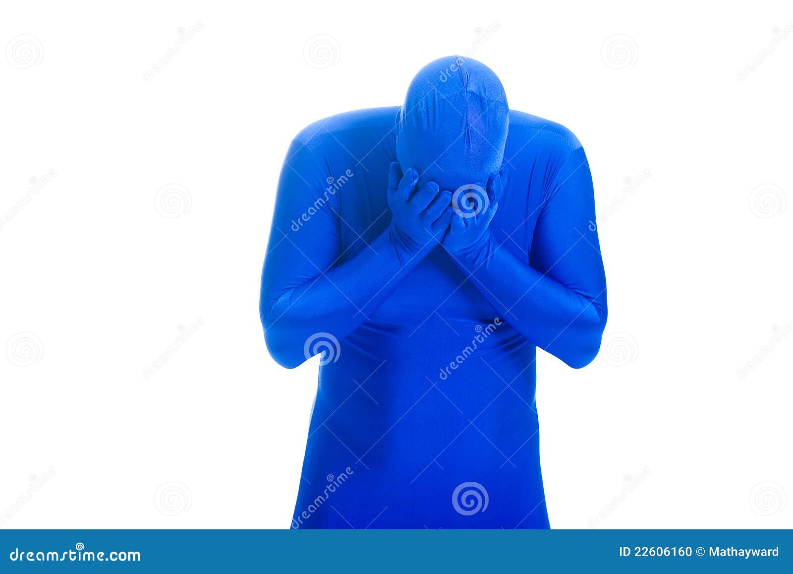 Sad Man in Blue Body Suit Crying in His Hands. Stock Photo - Image of ...