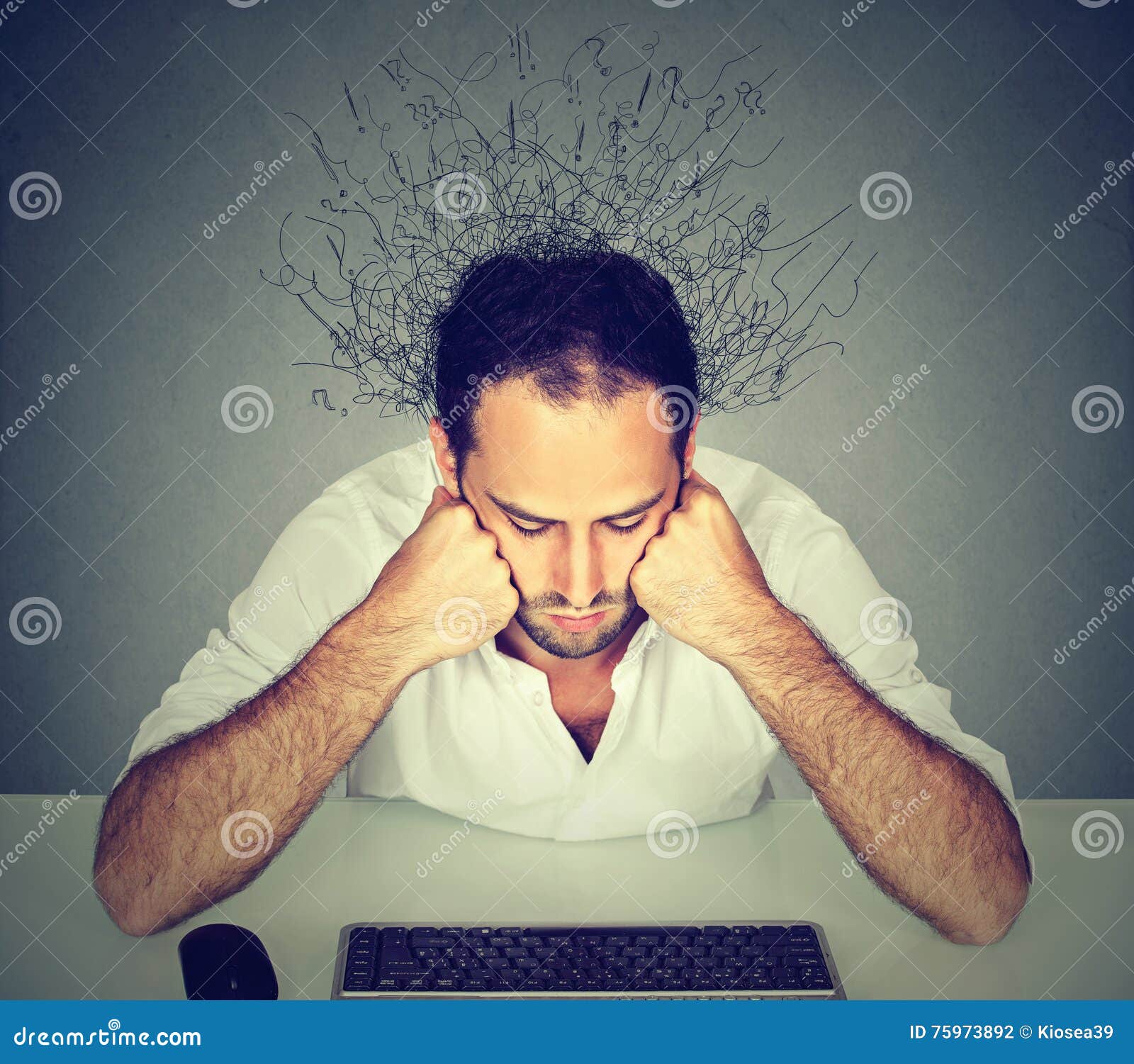 Sad Man with Brain Melting into Lines Looking at Computer Keyboard ...