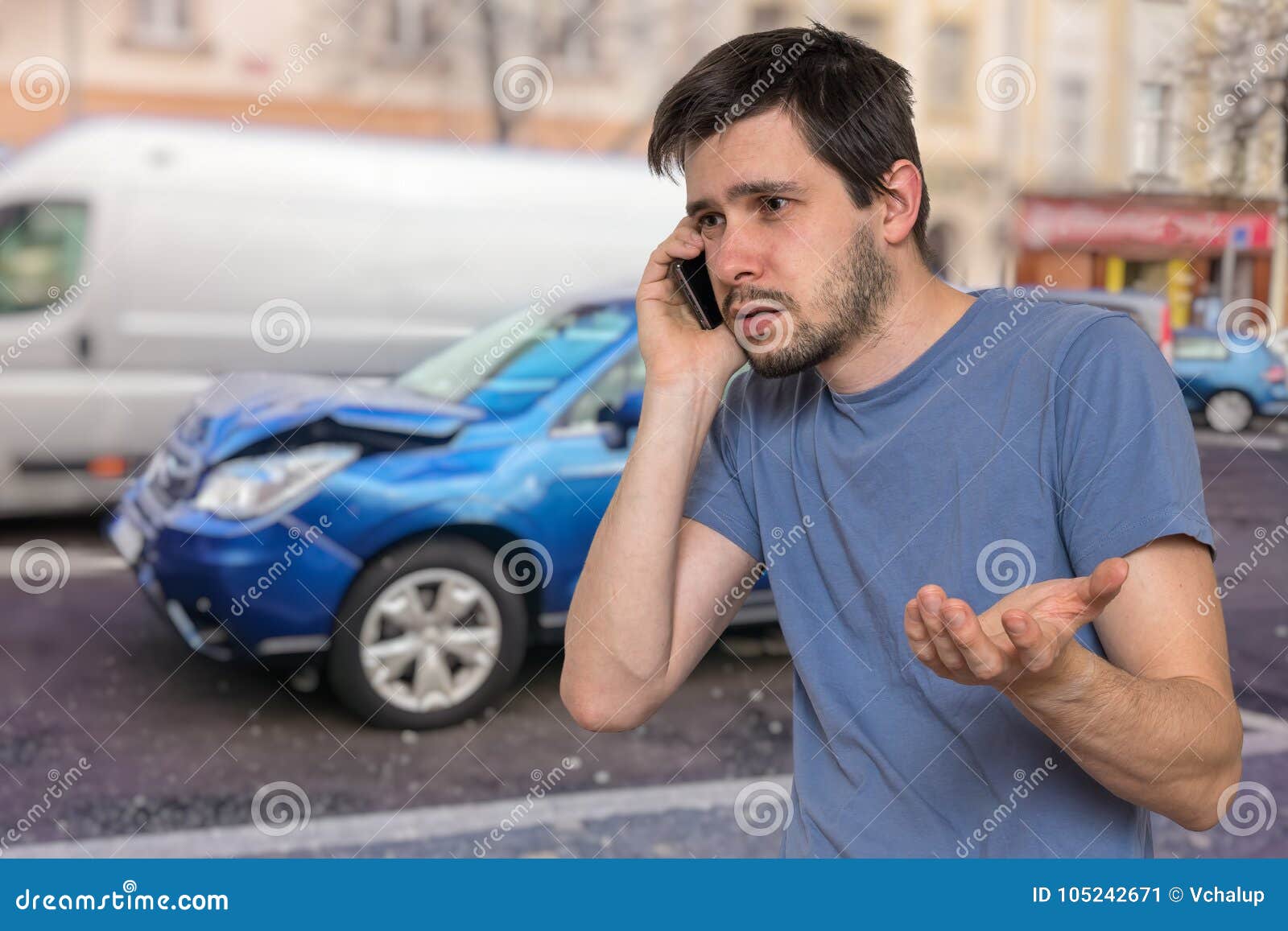 Sad Man is Calling To Assistance after Car Accident Stock Image - Image ...