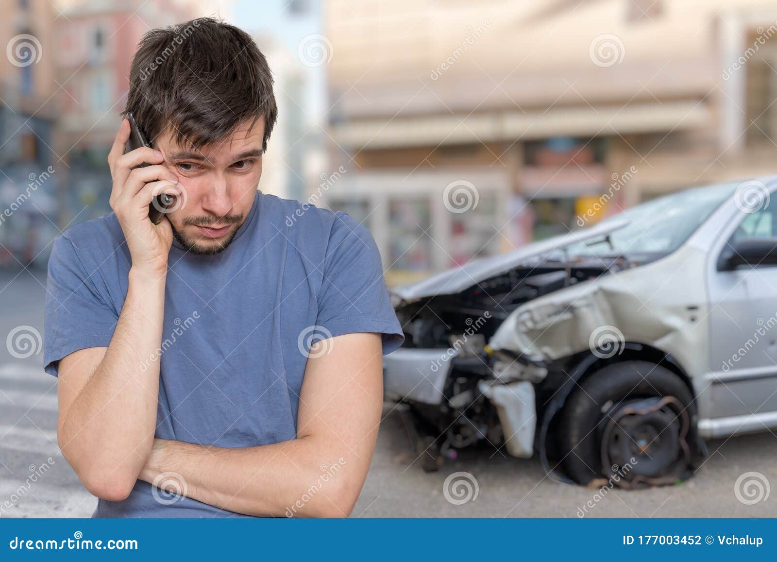 Sad Man is Calling To Assistance after Car Accident. Stock Photo ...
